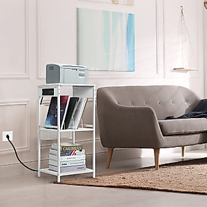 Record Player Stand, Turntable Stand with Power Outlet Side Table with Charging Station Vinyl Player Stand with Storage Record Player Table with Album Storage White for Living Room Bedroom