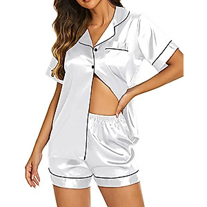 Ekouaer Womens Satin Silk Short Sleeve Button Down Top and Shorts Sleepwear Pajamas Set, White, Medium