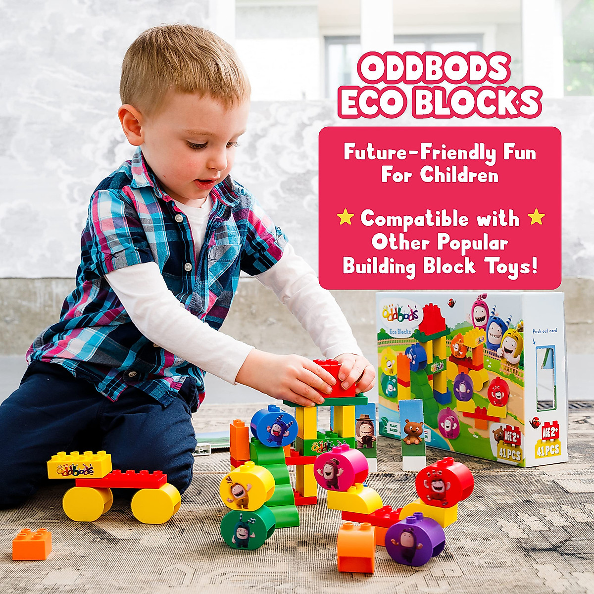 ODDBODS Eco Blocks, Sugarcane Plant-Based Building Block Toys for Toddlers and Preschool Kids, Compatible with Other Building Block Toys, Multicolor, 41 Piece Starter Set