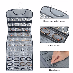 ANZORG Dual sided Jewelry Hanging Organizer Closet Necklace Holder for Earrings Bracelets Rings with 42 Clear Pockets and 17 Hook Loops (Grey
