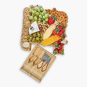 Bamboo Cheese Board and 4 Knives Set - Charcuterie Board with Knives, 13” Large Charcuterie Platter and Serving Tray, Housewarming Gift, and Wedding Gift