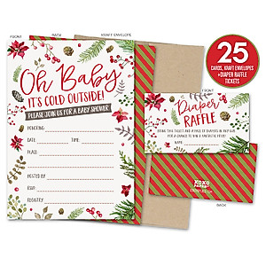 Koko Paper Co Baby It’s Cold Outside Winter Baby Shower Invitations and Diaper Raffle Tickets with Winter Florals. Set of 25 Fill in Style Cards, Kraft Envelopes, Raffle Tickets