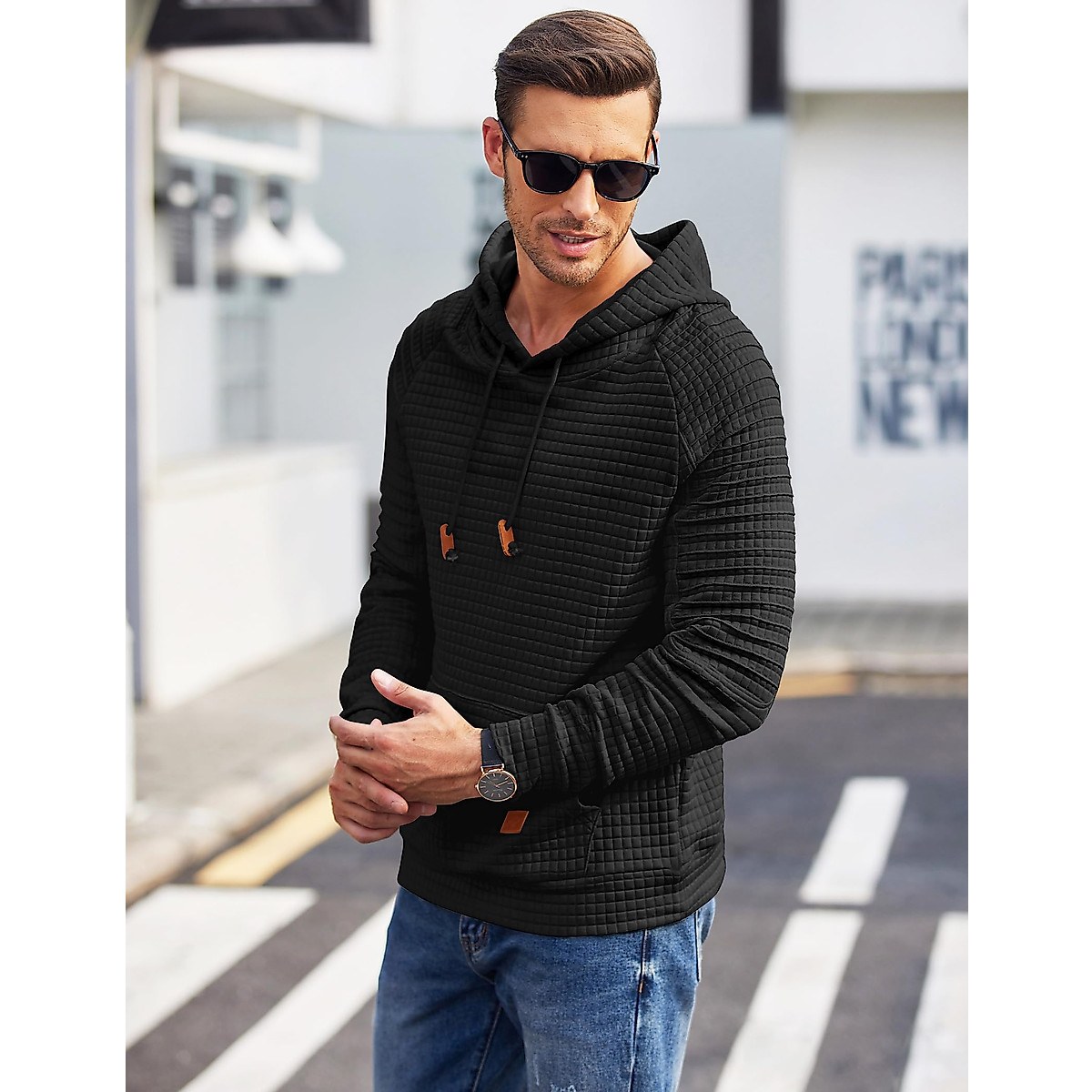 COOFANDY Men's Knit Hoodie Pullover Fashion Hip Hop Long Sleeve Drawstring Waffle Hooded Sweatshirt with Kanga Pocket, Black, Large