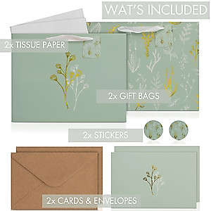 Beautiful Gift Bags Set of 2 - Large 13" Bags with Handles incl. Matching Tissue Paper, Cards & Stickers - Reusable and Perfect For Presents of Any Birthday, Weddings, Mothers Day & Special Occasion