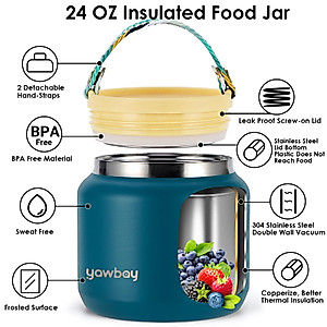 Insulated Food Jar,24 OZ Leakproof Soup Thermos for Adults with 2 Detachable Handle,Stainless Steel Wide Mouth Vacuum Thermal Insulated Food Container for Hot & Cold Food with Portable Lid(Dark Green)