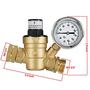 Adjustable Brass Water Pressure Regulator, with Gauge (0-160 PSI), Great for RVs and Boats and Plumbing Fixtures From High Water Pressure, Build-in Oil (NH Threads)