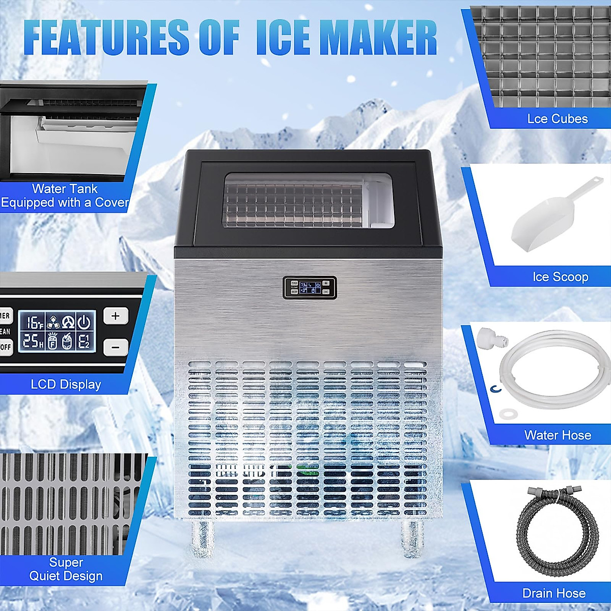 Commercial Ice Maker Machine, 270lbs/24H Stainless Steel Under Counter Ice Machine with 55lbs Ice Storage Capacity, Freestanding Cubic Ice Maker