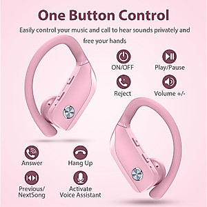 bmanl Wireless Earbuds Bluetooth Headphones 48hrs Play Back Sport Earphones with LED Display Over-Ear Buds with Earhooks Built-in Mic Headset for Workout Pink