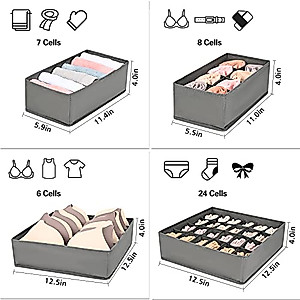 MecTo 4 Pack Drawer Organizer Dividers Drawer Organizers Non-woven Fabric Bathroom Organizer Foldable Desk Organizers Closet Storage Boxes for Storing Socks, Underwear, Ties (6+7+8+24 Cell, Gray)