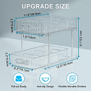 Fowooyeen 2 Pack Bathroom Cabinet Organizer, 2 Tier Pull Out Clear Under Sink Organizers and Storage, Multi-Purpose Kitchen Pantry Medicine Organization and Storage Shelves Bins with Movable Dividers