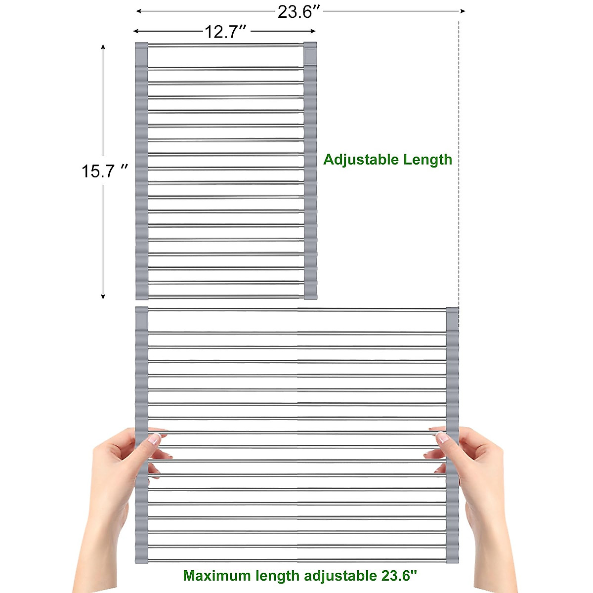 Liangmall Dish Drying Rack Expandable Up to 23.6", Roll Up Over The Sink Dish Drying Rack, Extra Large Stainless Steel Multipurpose Kitchen Sink Drainer - 23.6"(L) x 15.7"(W)