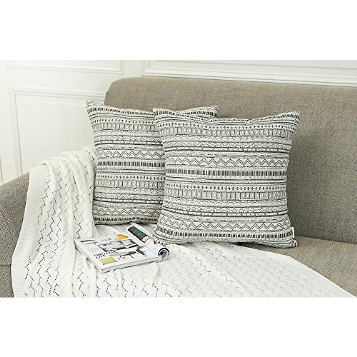 Mika Home Pack of 2 Throw Pillow Cases Decorative Pillow Covers for Home Decoration, Bohemian Striped Geometric Pattern, 22x22 Inches,Gray Cream