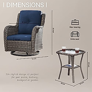 MeetLeisure Outdoor Swivel Rocker Wicker Chairs Set of 3, High Back Swivel Patio Chairs Wicker Furniture Set, 2PCS Rattan Swivel Rocking Chair with Side Table(Mixed Grey/Blue)