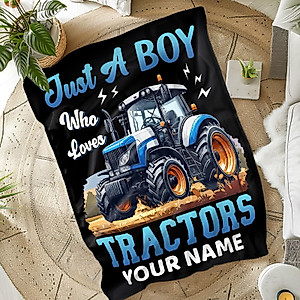 Custom Tractor Blanket for Boy with Name, 50 x 40 Inches Kids Blanket for Kids, Just A Boy Who Loves Tractors, Cozy Flannel Throw Blanket Gift, Soft Black Truck Throws for Couch Sofa Tractor Party