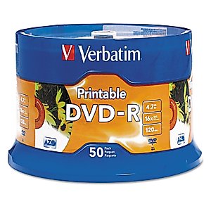 Verbatim 95137 DVD-R Disc, 4.7 GB, 16x, White, 50/Pk