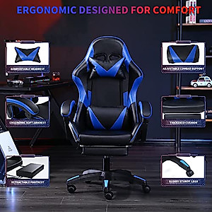 ExAchat Gaming Chair - Gaming Chair with Footrest, Ergonomic Gaming Chair with Adjustable Seat Height and Backrest - Adult Gaming Chair with Comfortable Headrest and Lumbar Support,300LBS-Blue