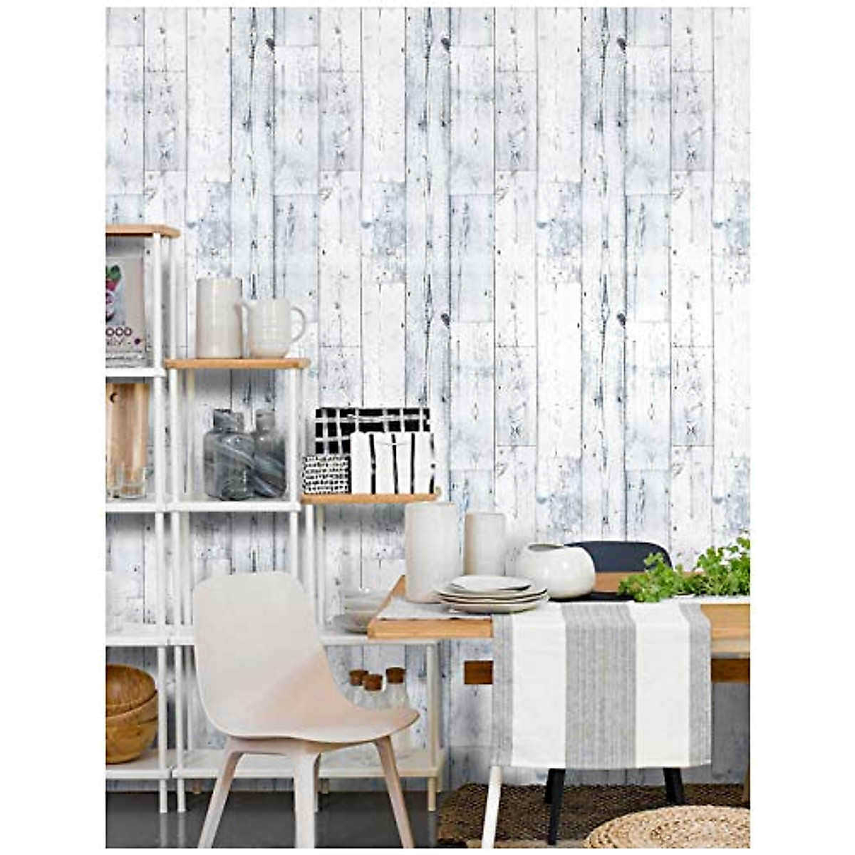 HAOKHOME MR47 Peel and Stick Wood Wallpaper Shiplap Light Grey/White/Blue Distressed Wood Plank Removable Shelf Liner Contact Paper 17.7in x 9.8ft