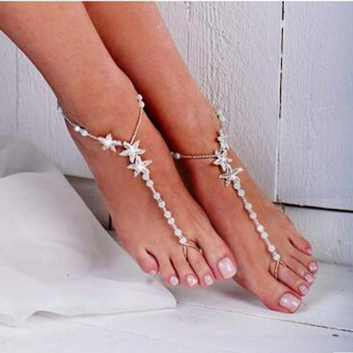 Nicute Boho Pearl Barefoot Sandals Anklet Rhinestone Silver Star Anklet Chain Wedding Summer Beach Foot Chain Jewelry for Women (2 Pieces)