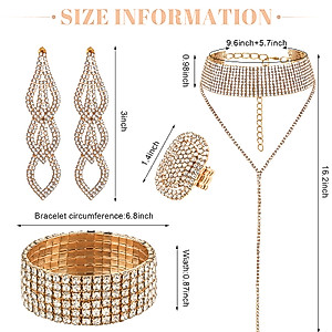 Women Rhinestone Jewelry Set Crystal Choker and Earring Set Bridal Wedding Bling Necklace Multilayer Bracelet Earring Bling Glitter Purse Ring Costume Jewelry (Gold Color)