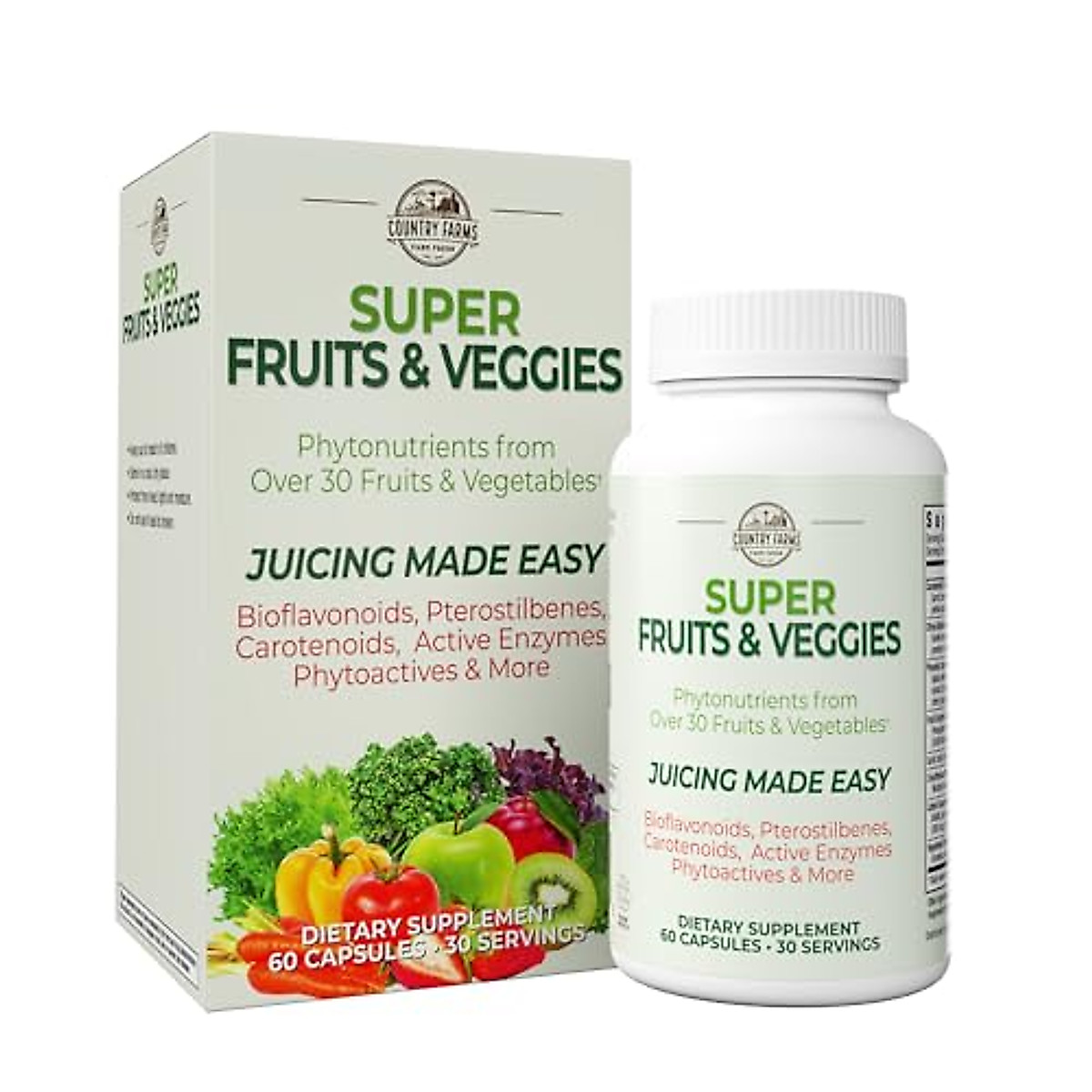 COUNTRY FARMS Super Fruits and Veggies Capsules, Whole Food Supplement, Powerful Antioxidant, Supports Energy, Immune Health, Boosts Digestive Health, 30 Super Foods, 30 Servings
