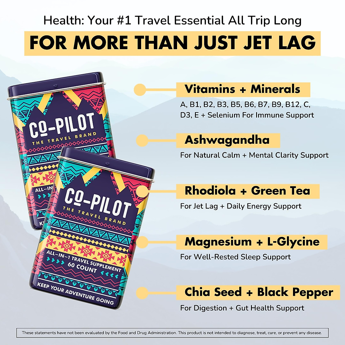 Co-Pilot All-in-1 Travel Supplement: Jet Lag Prevention + Ashwagandha, Rhodiola, D3+ for Immune Support, Energy, Digestive Health | Airplane Travel Essentials Multivitamin - Vegan | 60 Count