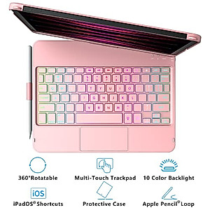 iPad Pro 11 inch Case with Keyboard, iPad Air 5/Air 4 10.9 inch Keyboard Case with Trackpad, Keyboard Case for iPad Air 5/Air 4 and iPad Pro 1-4 Gen, Backlit 10 Color & 360 Screen Rotation - Rose Gold