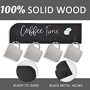 EMAISON Solid Wood Coffee Mug Holder Wall Mounted, Rustic Cup Rack with 12 Hooks Large Space for Big Cups for Kitchen, Home, Coffee Bar Station，Black