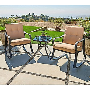 Oakmont Outdoor Furniture 3 Piece Conversation Bistro Set Rocking Chairs and Glass Top Table, Thick Cushions, Black Steel (Brown)