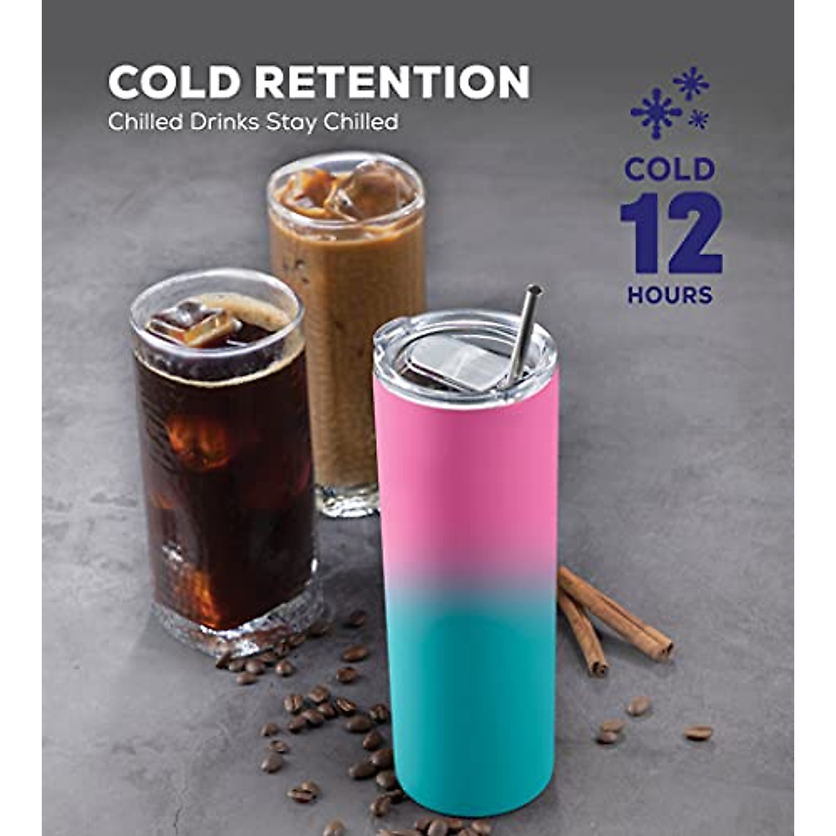 FineDine Insulated Skinny Stainless Steel Tumbler Set - 4-Pack 20oz Tumbler with Straw - Travel Mug With PBA Free Lids - Slim Vacuum Keep Hot and Cold - For Home, Office. (Pacific Blue Rose Blend)