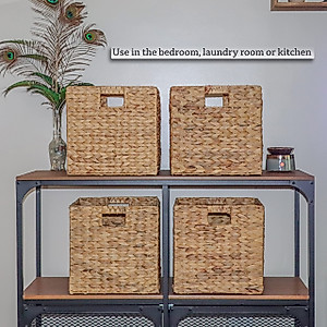 12" Foldable Hyacinth Storage Basket with Iron Wire Frame and Removable Liner By Trademark Innovations (Set of 4)