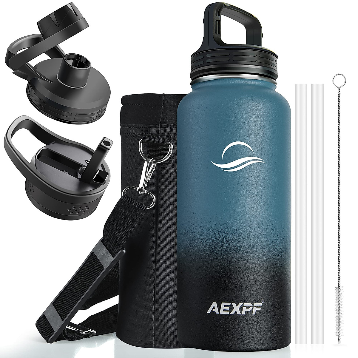 AEXPF 40 oz Insulated Water Bottle, Stainless Steel Vacuum Sports Water Bottle with 3 Lids, Durable Leakproof Metal Thermos, BPA-free Water Flask Jug with Strap for Gym Camping, Indigo Black Gradient