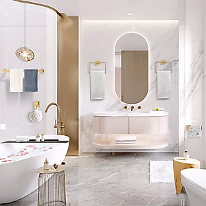 TURS 5-Pieces Bathroom Hardware Set Brushed Gold Towel Bar Set Include Single Towel Bar 2 Towel Rings Toilet Paper Holder and Towel Hook, Stainless Steel Towel Holder Set Wall Mount