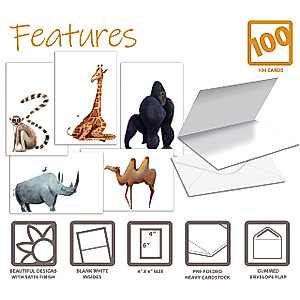 Better Office Products 100-Pack All Occasion Greeting Cards, Assorted Blank Note Cards, 4 x 6 inch, 10 Cute & Fun Wild Animal Designs, Blank Inside, with Envelopes, 100 Pack