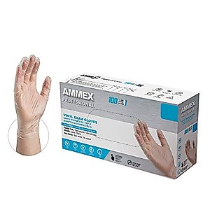 AMMEX Clear Vinyl Disposable Exam/Medical Gloves, 3 Mil, Latex/Powder-Free, Food-Safe, Smooth, Non-Sterile, Medium Box of 100