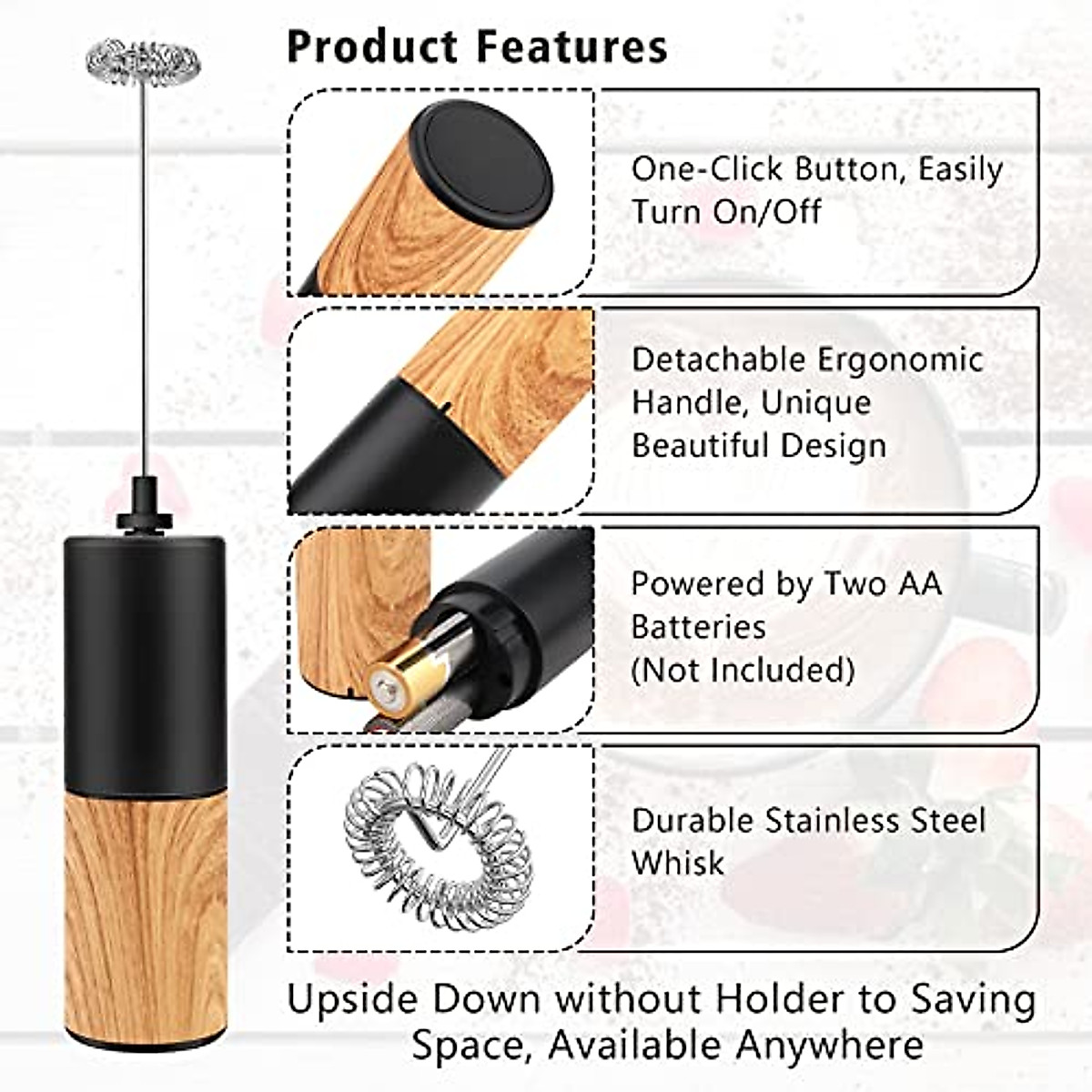 VanlonPro Electric Milk Frother Foam Maker, Milk Frother for Coffee, Wood Pattern Printed, Handheld Battery Operated Whisk Drink Mixer, Mini Foamer for Lattes,Cappuccino, Matcha, Hot Chocolate, Frappe