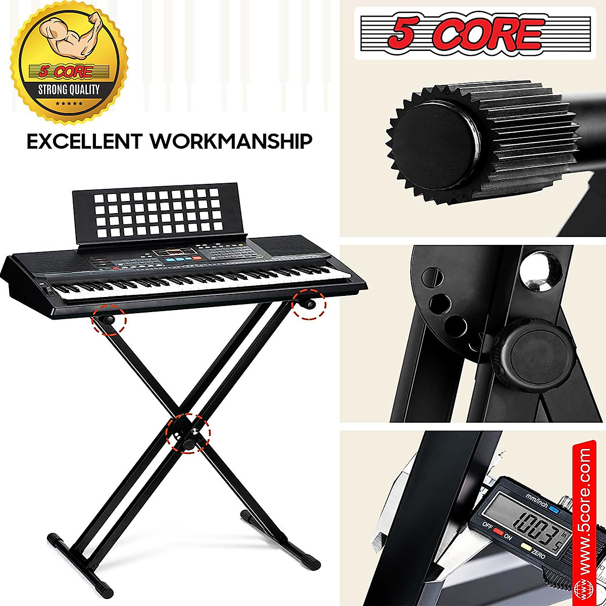 5 CORE Piano Keyboard Stand Double X Heavy Duty 7 Adjustable Heights & Width Digital Electric Synthesizer Music Stands For 61 76 88 Keys w Secure Locking Strap KS 2X BLK