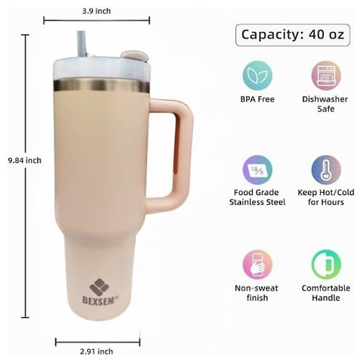 Bexsem - Stainless Steel Insulated Beer Coffee Mug Powder Coated 40oz | Tumblers with Handle | Travel-Friendly (Pink)