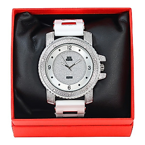 Techno Pave Men's Oversized 52mm Iced Numeral Dial Watch - Silver White Dial