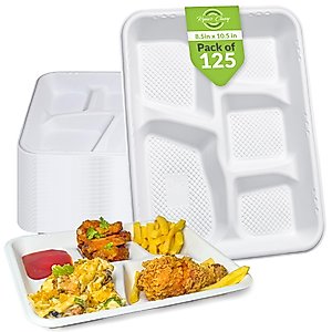 Ryan's Classy Plastic 5 Compartment Plates Disposable, 125 Pack Heavy-Duty Paper Plates with Compartment 10.5 x 8.5 inches Asian Plates Microwave Freezer Safe, Eco-Friendly School Lunch Trays