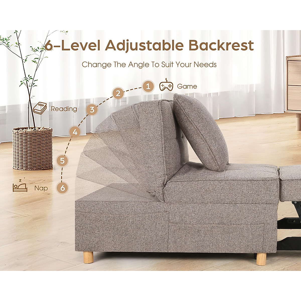 SEJOV Sleeper Sofa Chair Bed,4-in-1 Convertible Sofa Bed Chair with 6 Adjustable Backrest and Pillow, 3-Seat Pull Out Sleeper Chair Linen No Backrest for Bedroom Small Space Living Room, Grey Brown