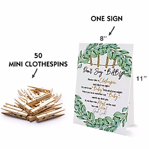 Don't Say Baby Sign, Baby Shower Clothespin Game, Includes a 8x11 Standing Sign and 50 Mini Natural Clothespins - BIG003