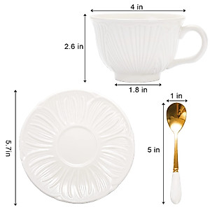 Okllen Set of 6 Royal Tea Cups and Saucers, 8 Oz Large Cappuccino Cups Set with Spoon, White Porcelain Tea Cup Set British Coffee Cups for Latte, Cafe Mocha, Cappuccino, Tea Party