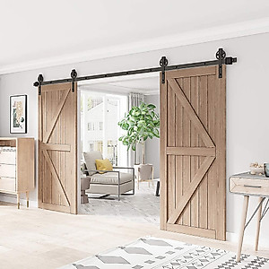 WINSOON 11FT Wood Double Sliding Barn Door Hardware Basic Black Big Spoke Wheel Roller Kit with 2PCS 12 Inch Sliding Barn Door Handles Black Hardware with Pull and Flush Barn Door Handle Set