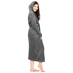 NY Threads Women's Fleece Hooded Bathrobe Plush Long Spa Robe, Medium, Steel Grey