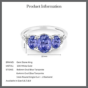 Gem Stone King 2.11 Cttw 10K White Gold Oval Blue Tanzanite and Diamond Accent 3-Stone Engagement Ring | 3 Stone Wedding Anniversary Promise Ring For Women | Available In Size 5-9.5