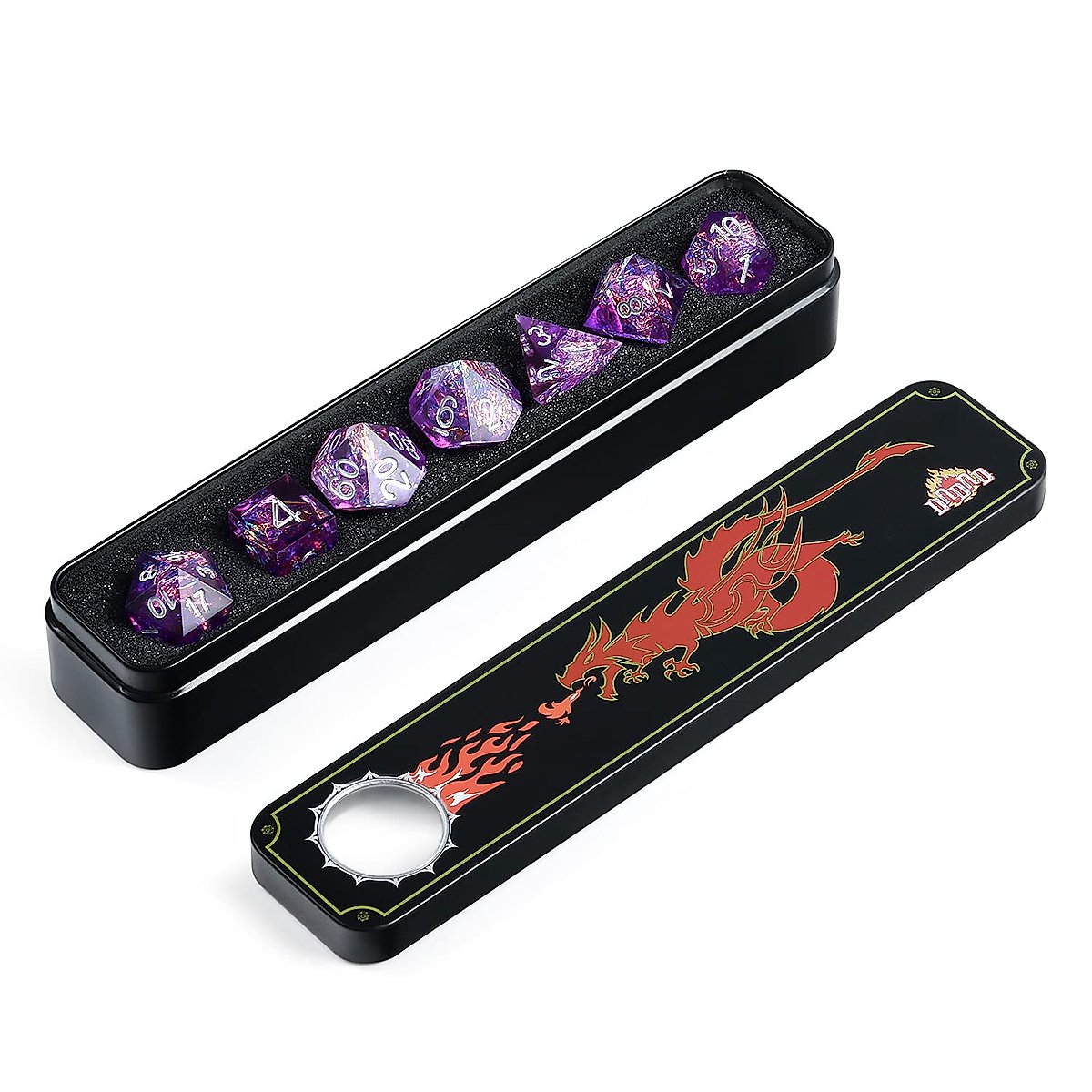 DNDND Sharp Edge Dice Set,Handmade 7 Piece DND Dice with Gift Case for DND Dungeons and Dragon Game (Purple with Silver Number)