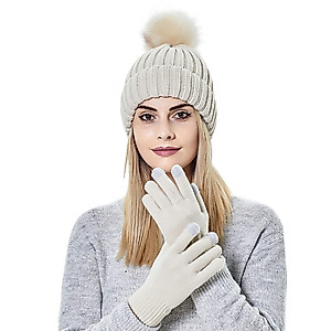 Muryobao 2 Pcs Womens Winter Knitted Beanie Hat Touch Screen Gloves Set Warm Knit Cuffed Skull Cap with Faux Fur Pom Beige