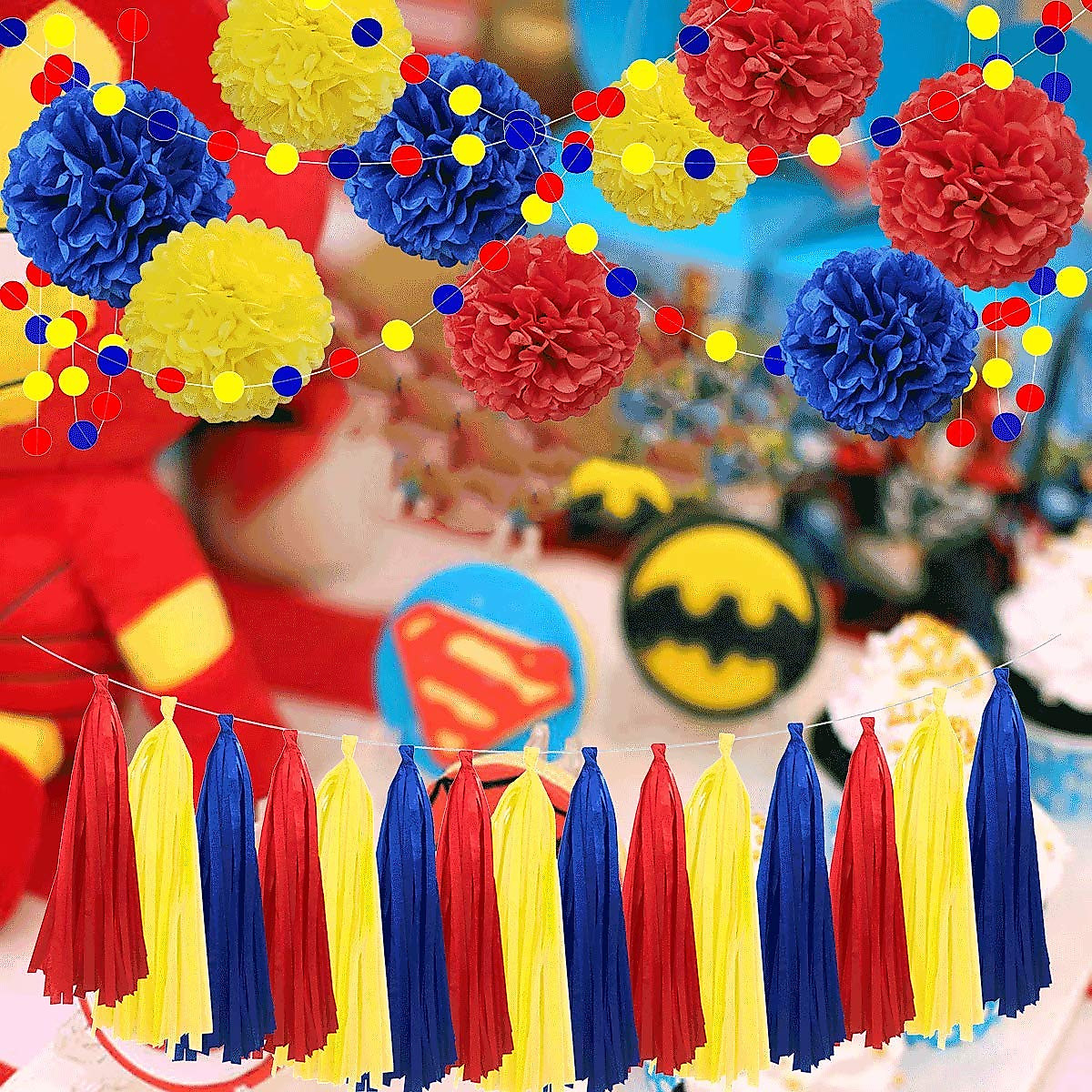InBy Carnival 26pcs Red Blue Yellow Party Decorations Kit for Birthday Wedding Bachelorette Bridal Baby Shower Party Decor - 12" 10" 8" Tissue Flower Paper Pom Pom, Paper Tassel, Circle Dot Garland