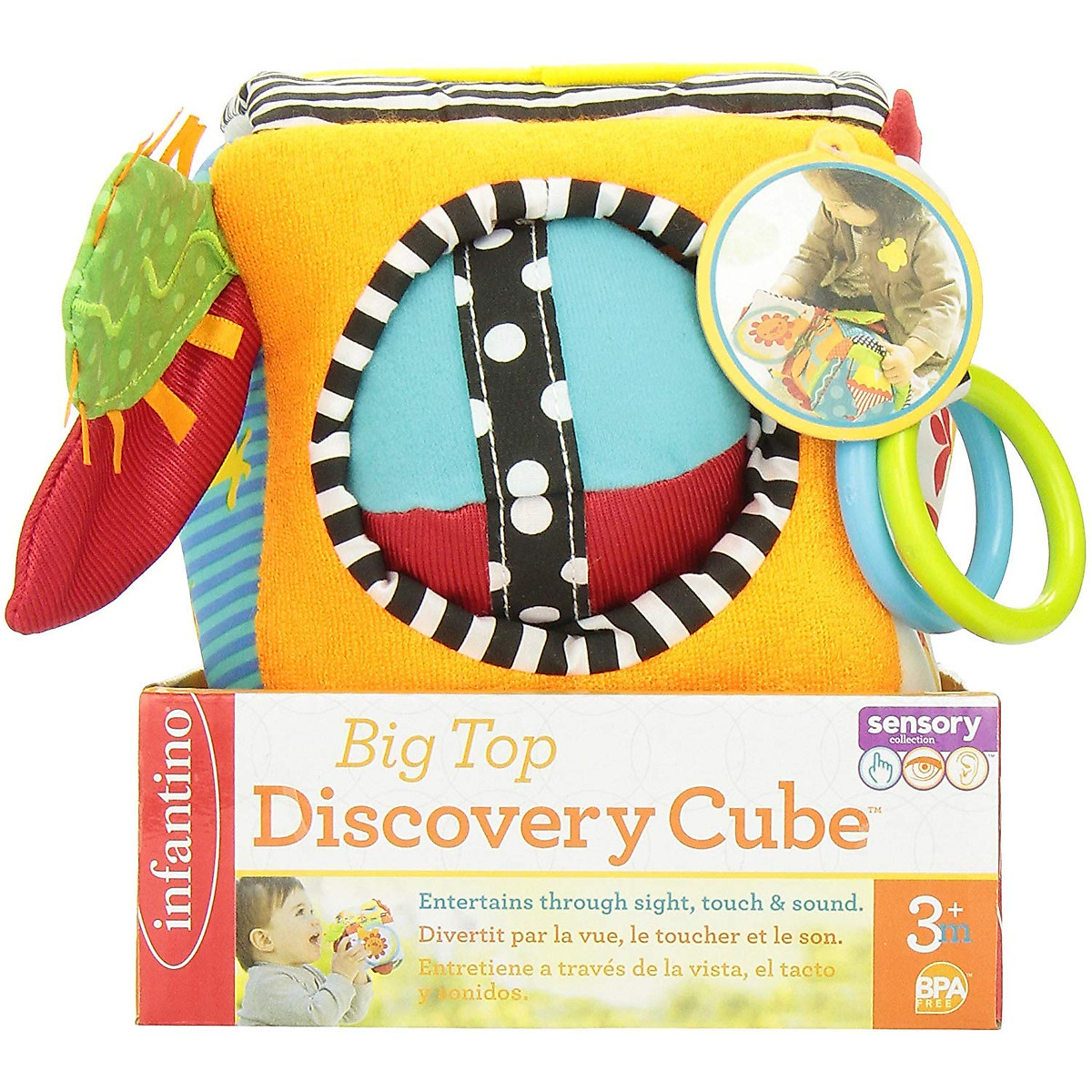Infantino Peek & Seek Discovery Cube - Soft Development Toy, Peek-A-Boo Mirror, Clacker Rings, Crinkle & Rattle Sounds - Sensory Play, Ages 3 Months +