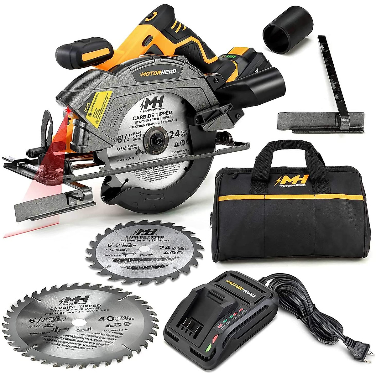 MOTORHEAD 20V ULTRA 6-1/2” Cordless Circular Saw, Lithium-Ion, Laser, LED, Edge Guide, 0-50° Bevel, Cutting Depth: 2-1/4”(0°),1.65”(45°), 2Ah Battery, 2 Blades: 24T, 40T, USA-Based (MH-03-CS-B1-0-2)